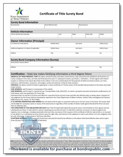 Texas Motor Vehicle Title Surety Bond / Texas Lost Title Bond | Bond ...